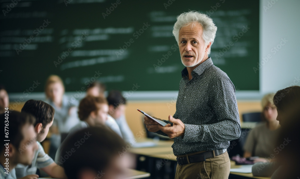 Professor, Teacher Man 55 years old with grey hair giving a lecture at ...