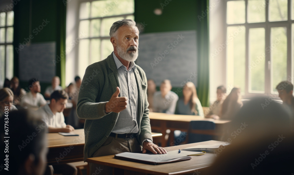 Professor, Teacher Man 55 years old with grey hair giving a lecture at ...