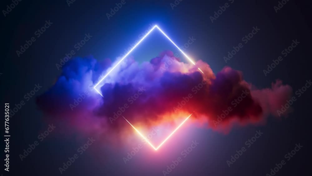 cycled 3d animation, abstract neon geometric background. Glowing rhombus frame inside the ...