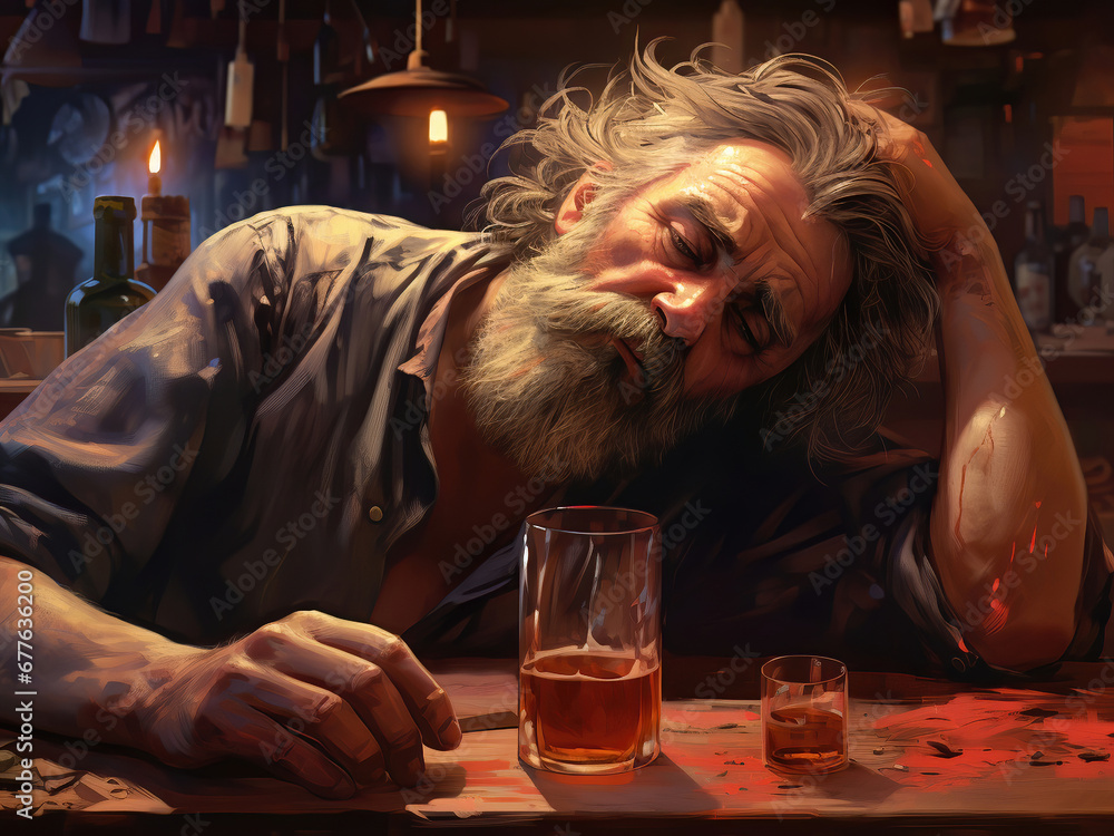 Drunk old man in a pub, illustration generated by AI Stock Illustration ...