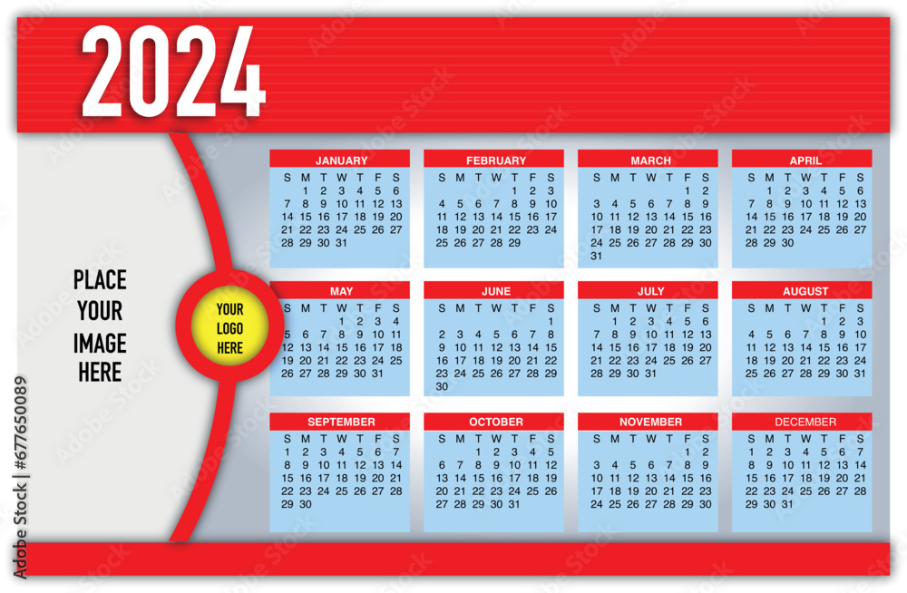 Vector calendar 2024 red color with space for logo and image and ...