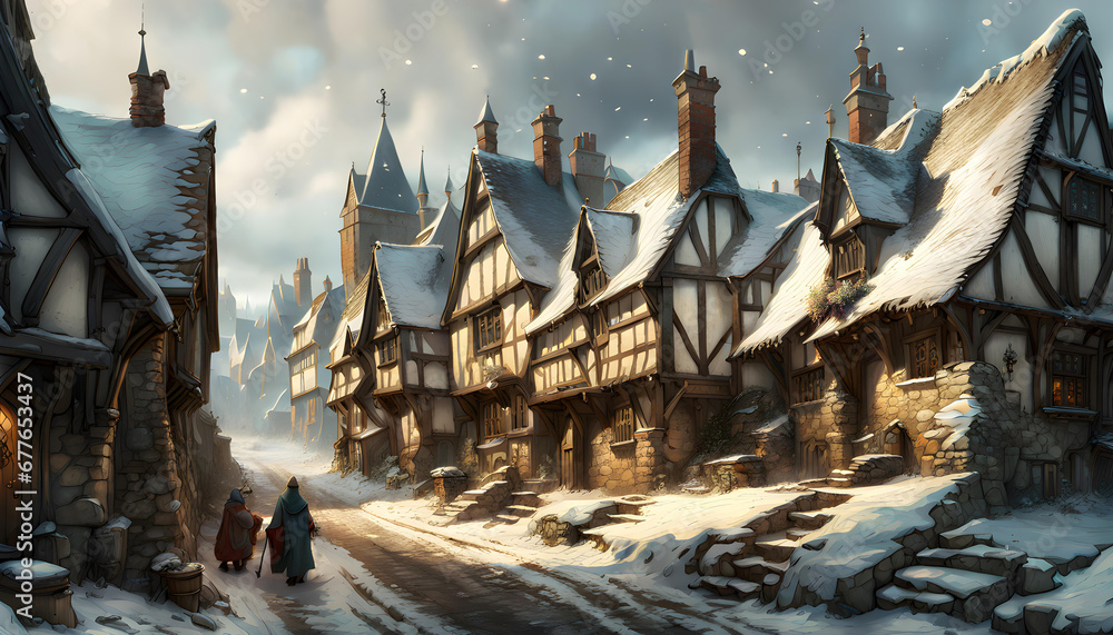 painting of a medieval town road in winter with ancient houses covered ...