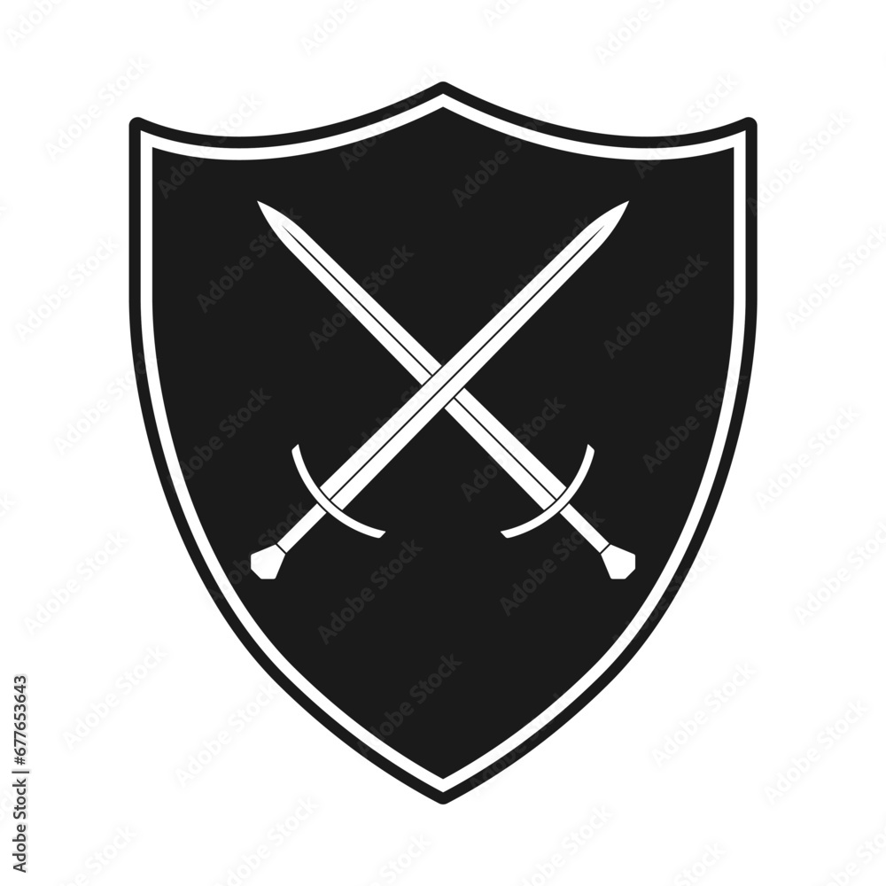 Shield and swords crossed icon. Coat of arms symbol. Sword heraldry ...