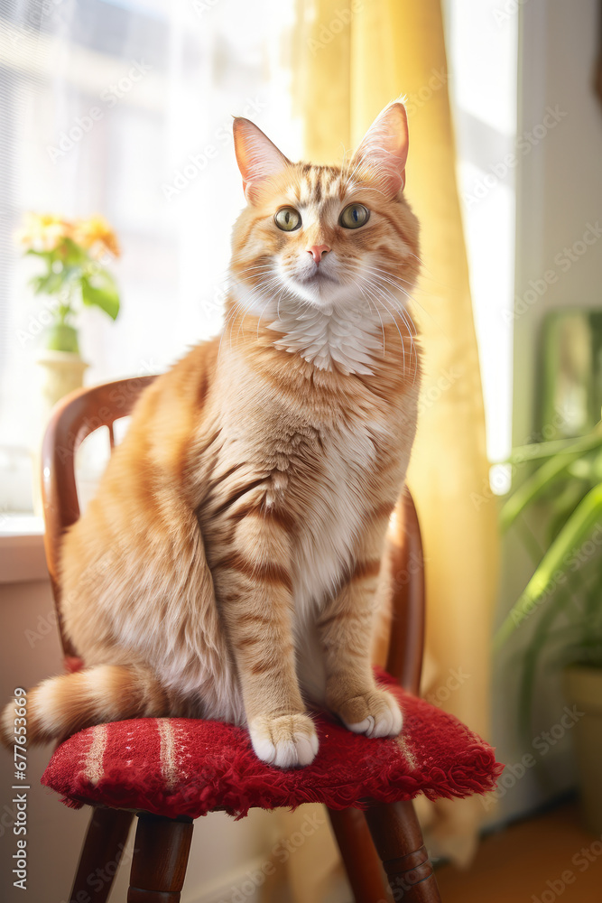 Adult domestic orange cat sit on a chair in the living room. Creative ...