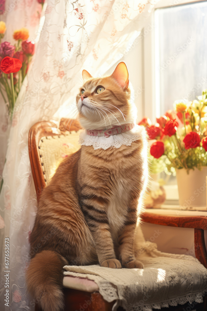 Adult domestic cat sit on a chair in the living room. Creative cute ...