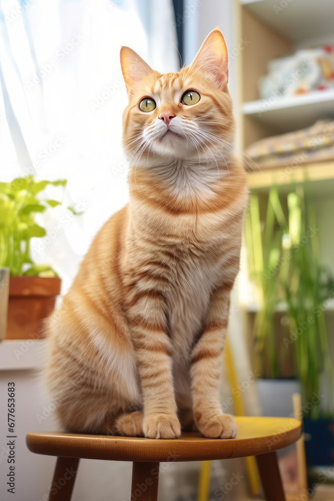 Adult domestic cat sit on a chair in the living room. Creative cute ...