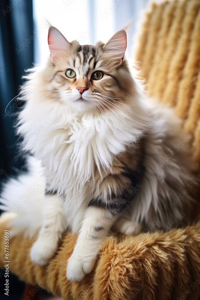 Adult domestic cat sit on a chair in the living room. Creative cute ...