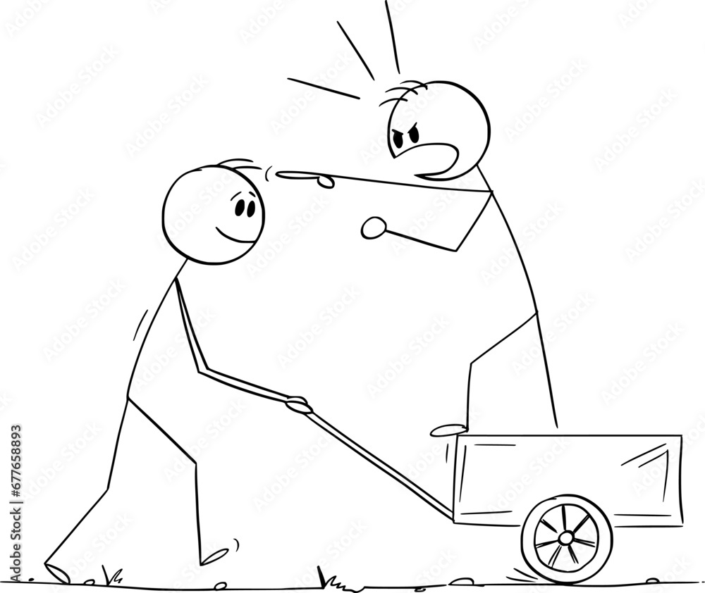 Worker Pushing Boss on Cart in Wrong Direction, Vector Cartoon Stick ...