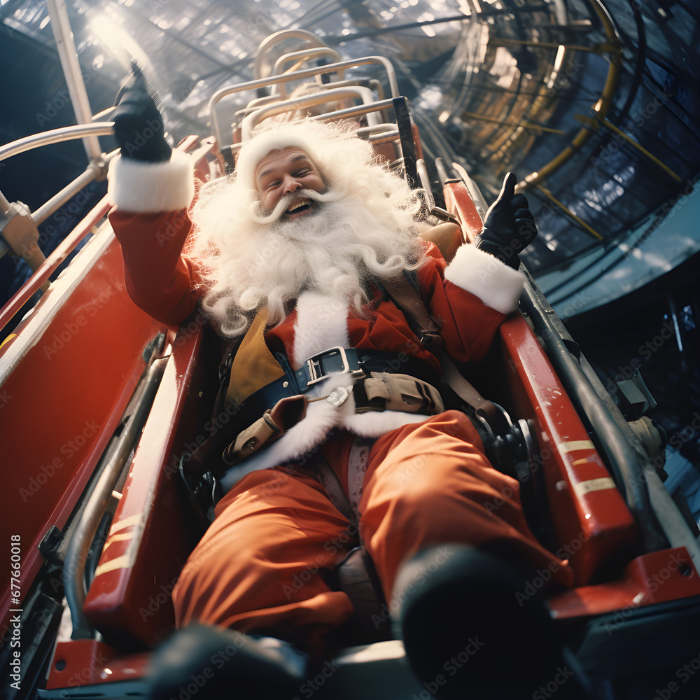 Santa smiling on a rollercoaster at a theme park. Festive Fun. Stock ...