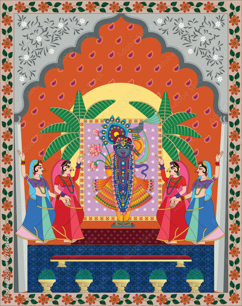 Shrinathji, Jagannath, or Lord Krishna with cows, in Indian folk ...