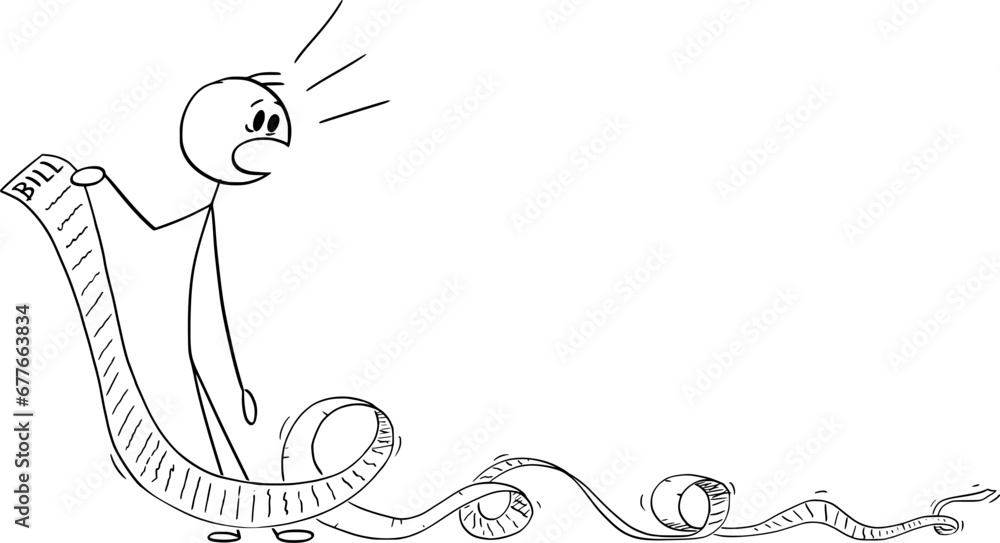 Shocked Person and Long Bill or Receipt, Vector Cartoon Stick Figure ...