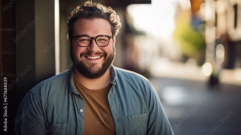 Emotions and health concept, Plus sized man smiling portrait standing ...