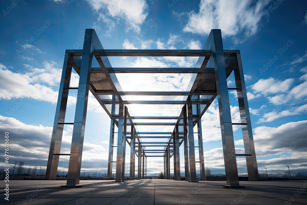 Structure of steel roof truss under the construction building with ...