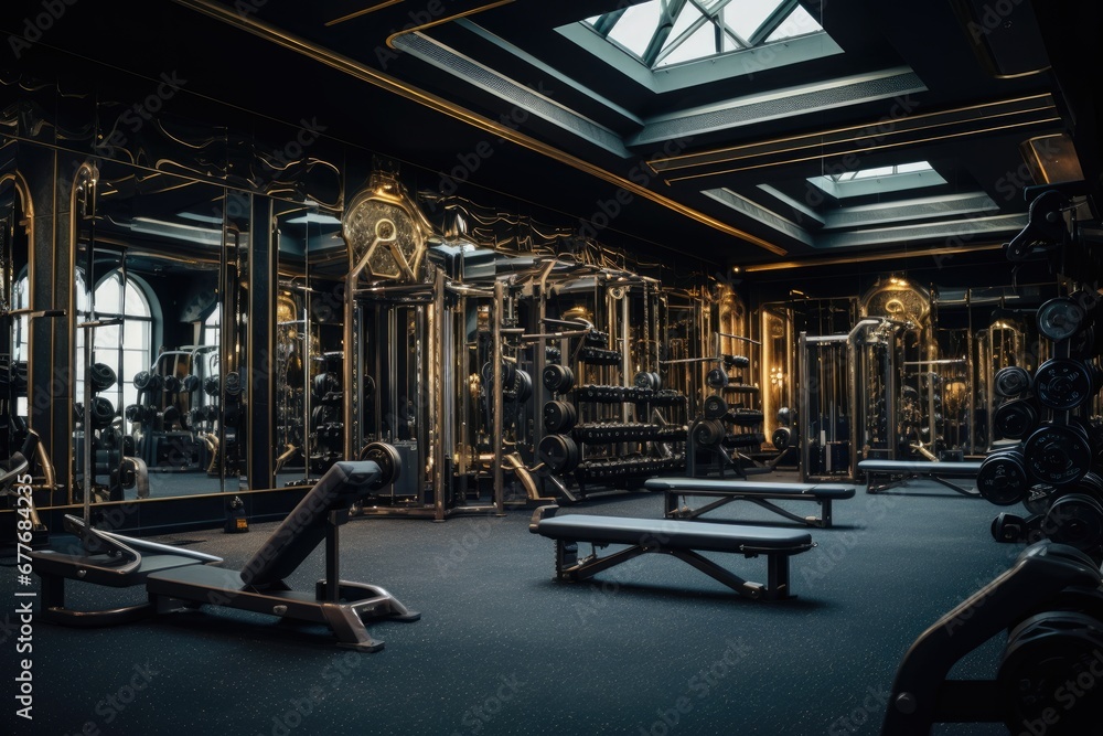 Gym with barbells and different equipment, luxurious aesthetic, created ...