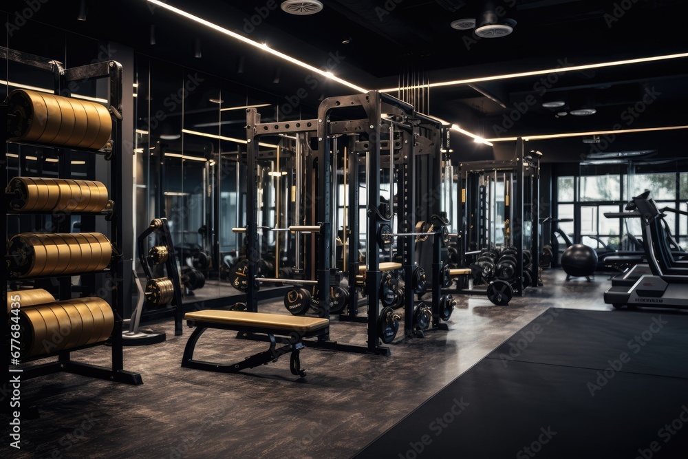 Gym with barbells and different equipment, luxurious aesthetic, created ...