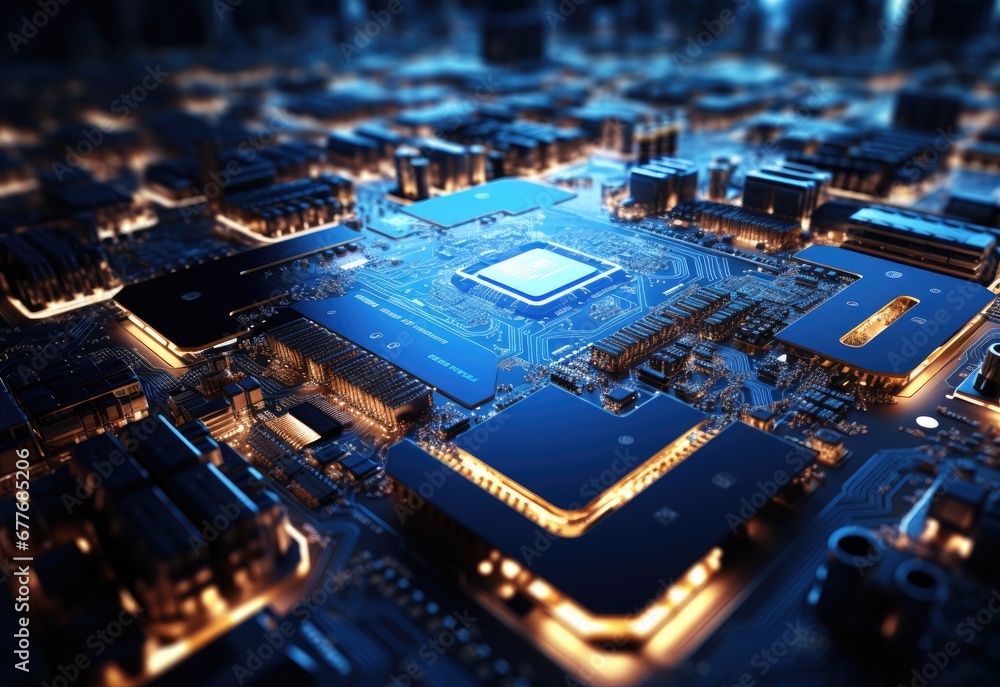 Computer chip in the middle of a motherboard circuitry, created with AI ...