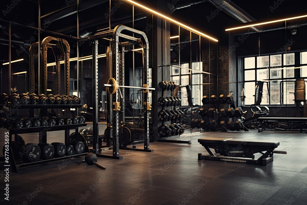 Gym with barbells and different equipment, luxurious aesthetic, created ...