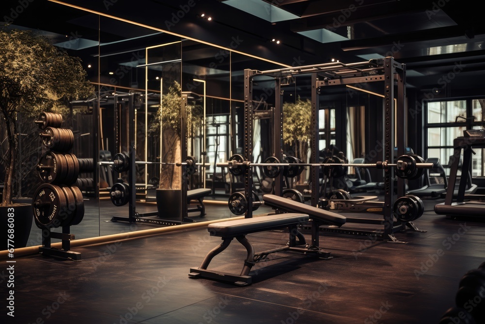 Gym with barbells and different equipment, luxurious aesthetic, created ...