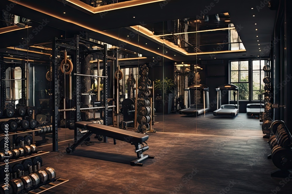 Gym with barbells and different equipment, luxurious aesthetic, created ...