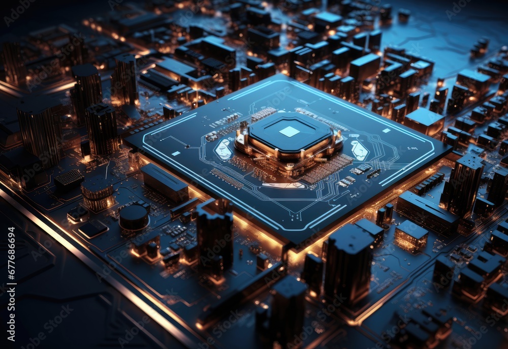 Computer chip in the middle of a motherboard circuitry, created with AI ...