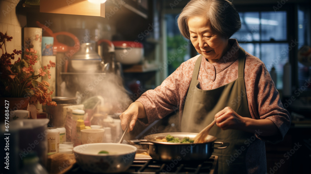 Elderly Japanese grandma, immersed in culinary chaos, cooks in her ...
