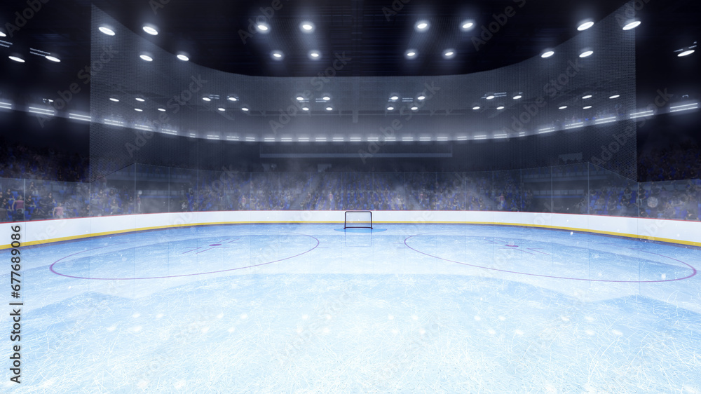 Ice hockey stadium, field with spotlights. View from gates of empty ice ...