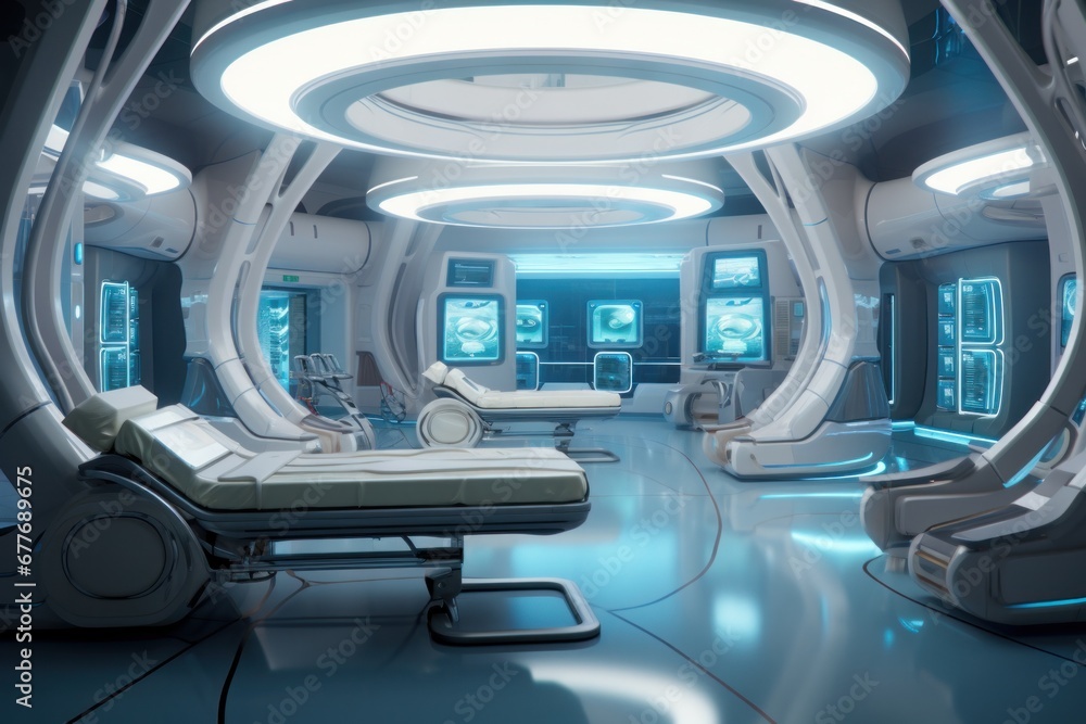 Sleek, modern medical bay or laboratory interior with futuristic design ...
