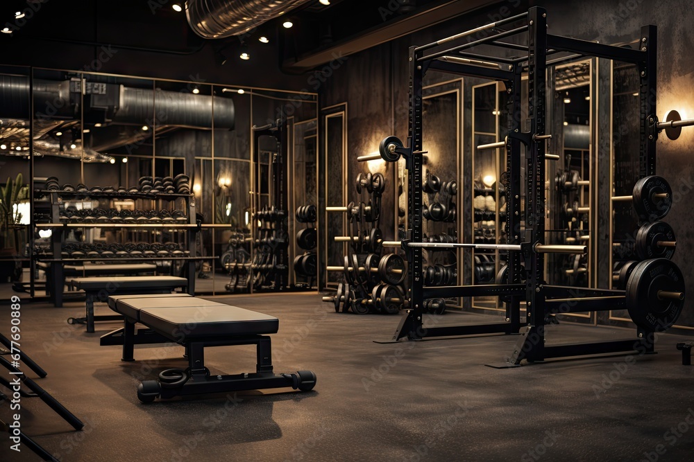 Gym with barbells and different equipment, luxurious aesthetic, created ...
