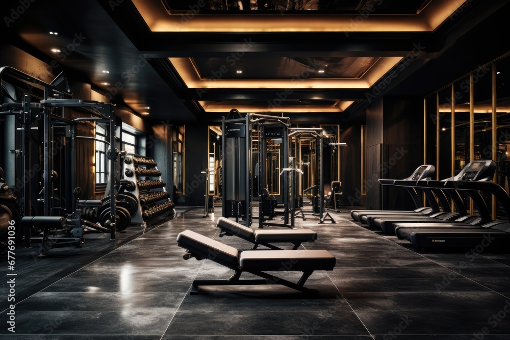 Gym with barbells and different equipment, luxurious aesthetic, created ...