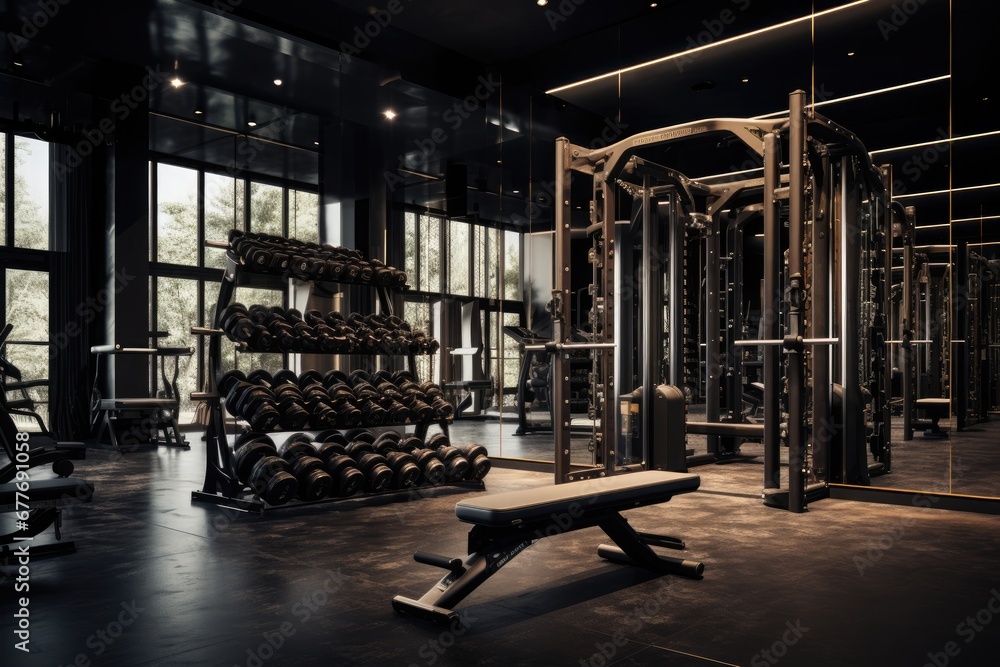 Gym with barbells and different equipment, luxurious aesthetic, created ...