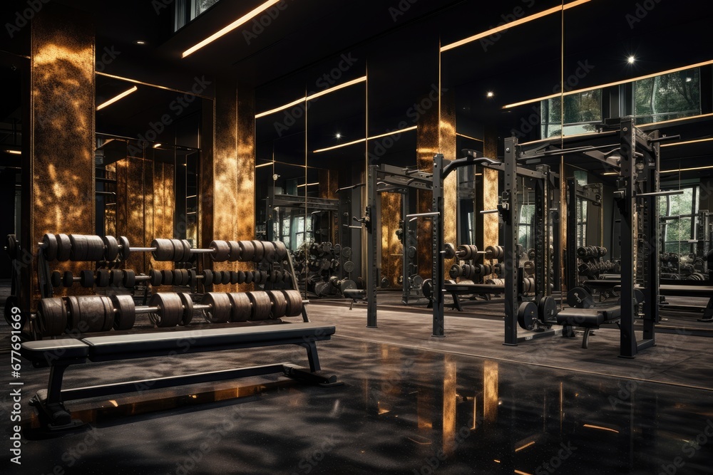 Gym with barbells and different equipment, luxurious aesthetic, created ...