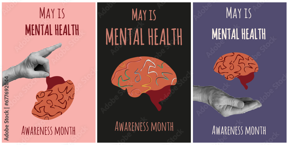Set trendy retro Mental Health awareness month posters with Halftone ...
