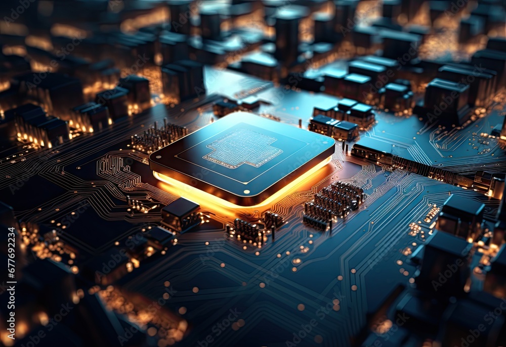 Computer chip in the middle of a motherboard circuitry, created with AI ...