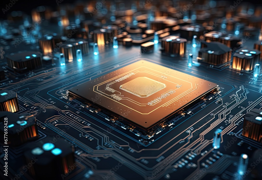 Computer chip in the middle of a motherboard circuitry, created with AI ...