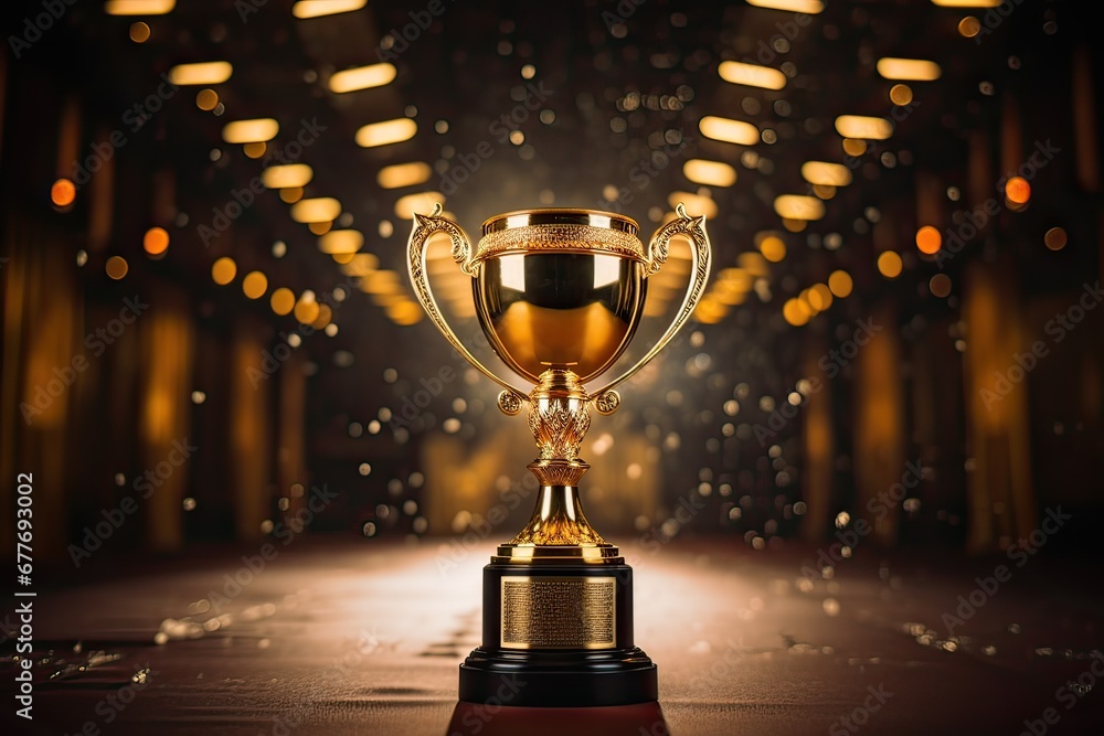 Illuminated under a spotlight on a dark, prestigious awards stage, a ...