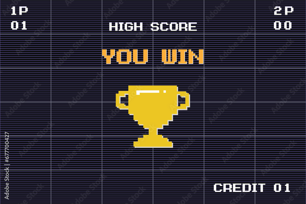 Pixel art 8-bit "You Win" text with one big winner golden cup. for game ...