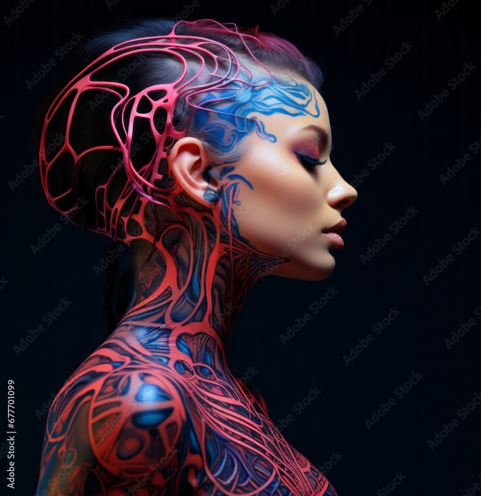 Cyborg future woman witha nervous system on the outside on a dark blue ...