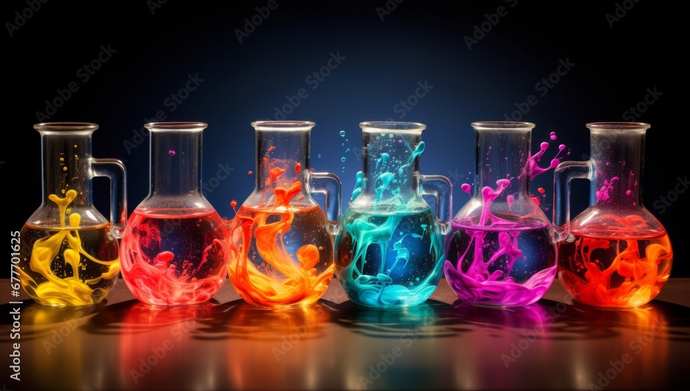 A Table of Chemistry Flasks Filled with Colourful Bubbling Liquids. A ...
