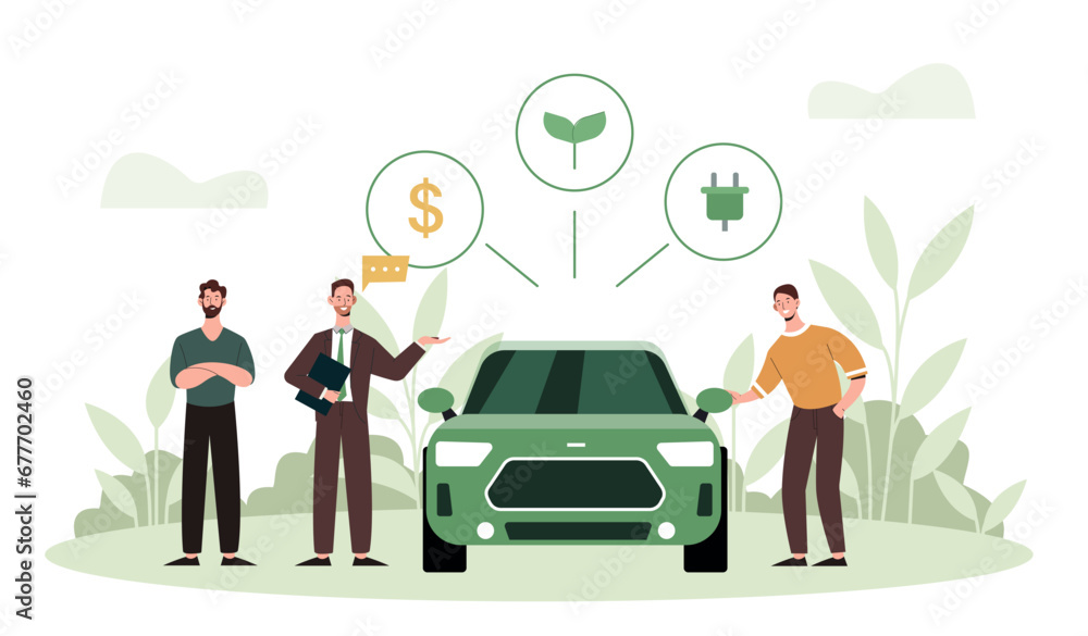 Sustainable transportation concept. Men near green automobile. Electric ...