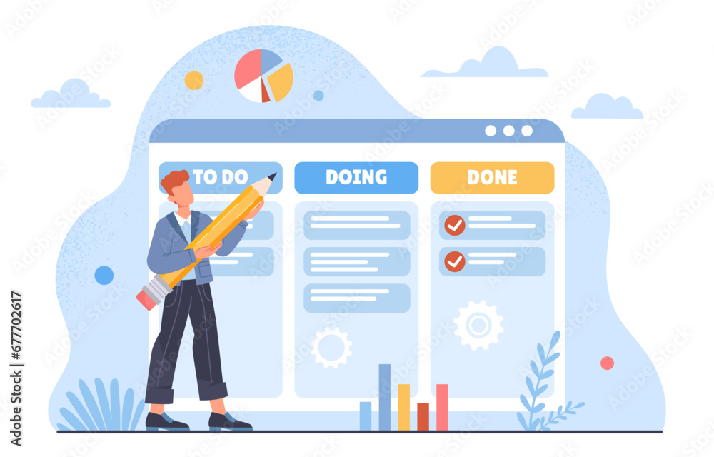 Vetor de Task completion concept. Man with large pencil near graphs and ...