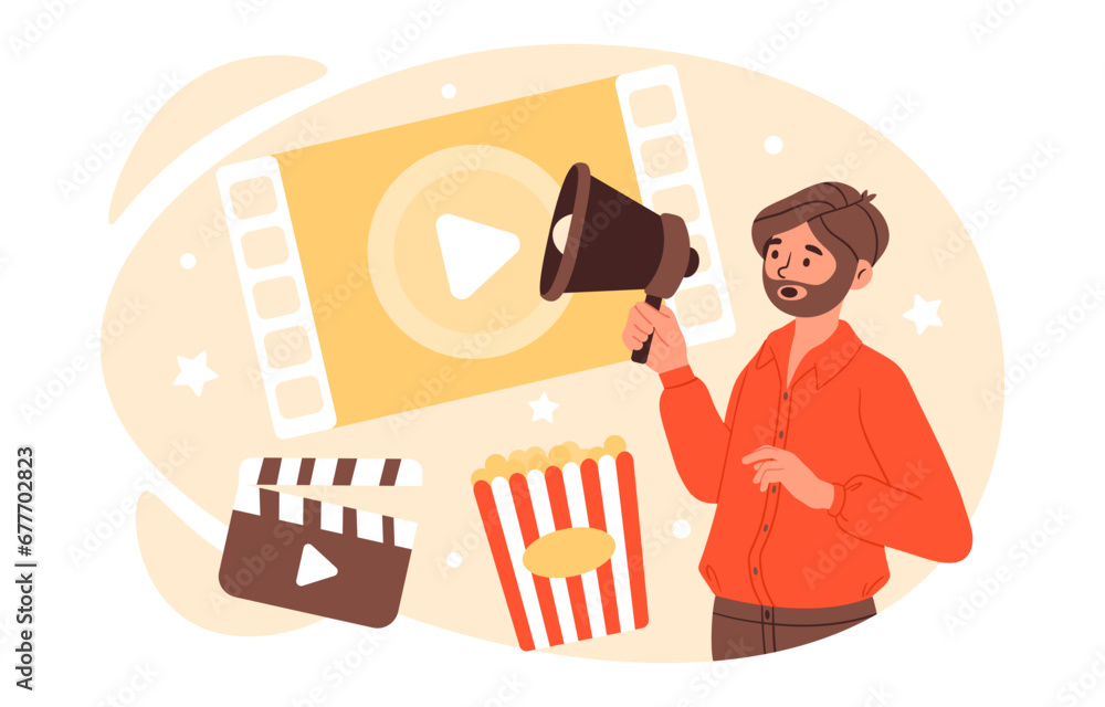 Film director concept. Man with speaker, pop corn and clapperboard ...