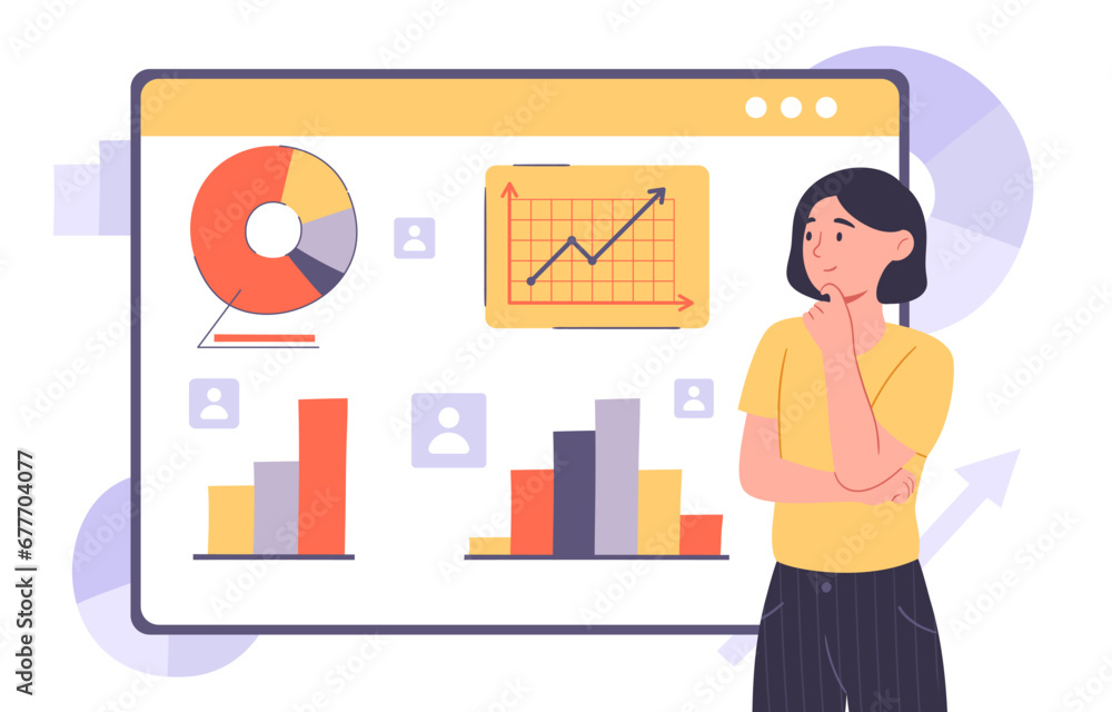 Woman with web analytics. Young girl look at graphs and diagrams ...