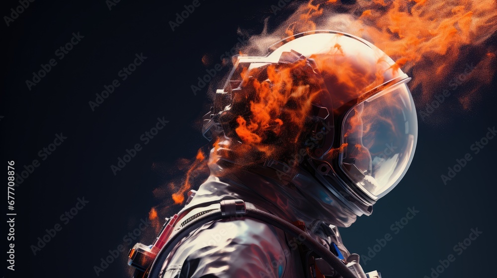 a close up of a person wearing a helmet with fire coming out of it's ...