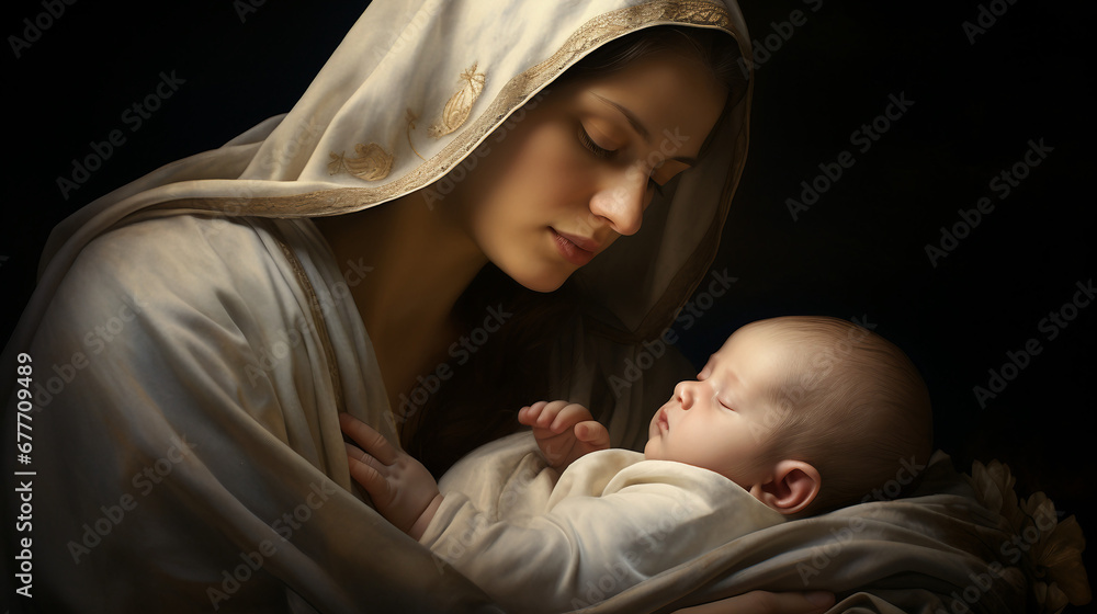 realistic photo featuring a graphic depiction of Holy Mary and baby ...