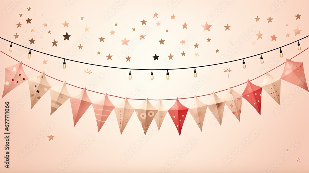 a string of red, white and gold stars hanging from a line of red and ...