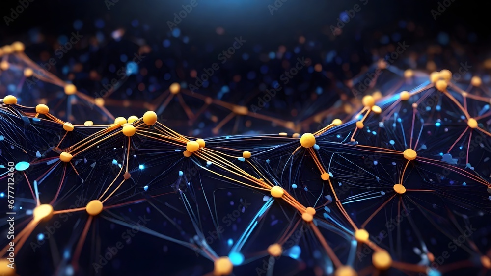 Abstract tech background with illuminated fiber optic connections, showcasing a quantum ...