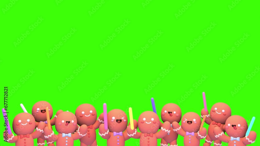 Looped kawaii cheering gingerbread men with light sticks on green ...