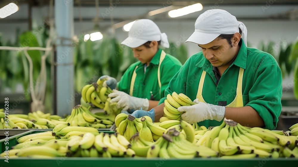 Employees, workers selecting bananas, checking condition and dividing into different boxes ...