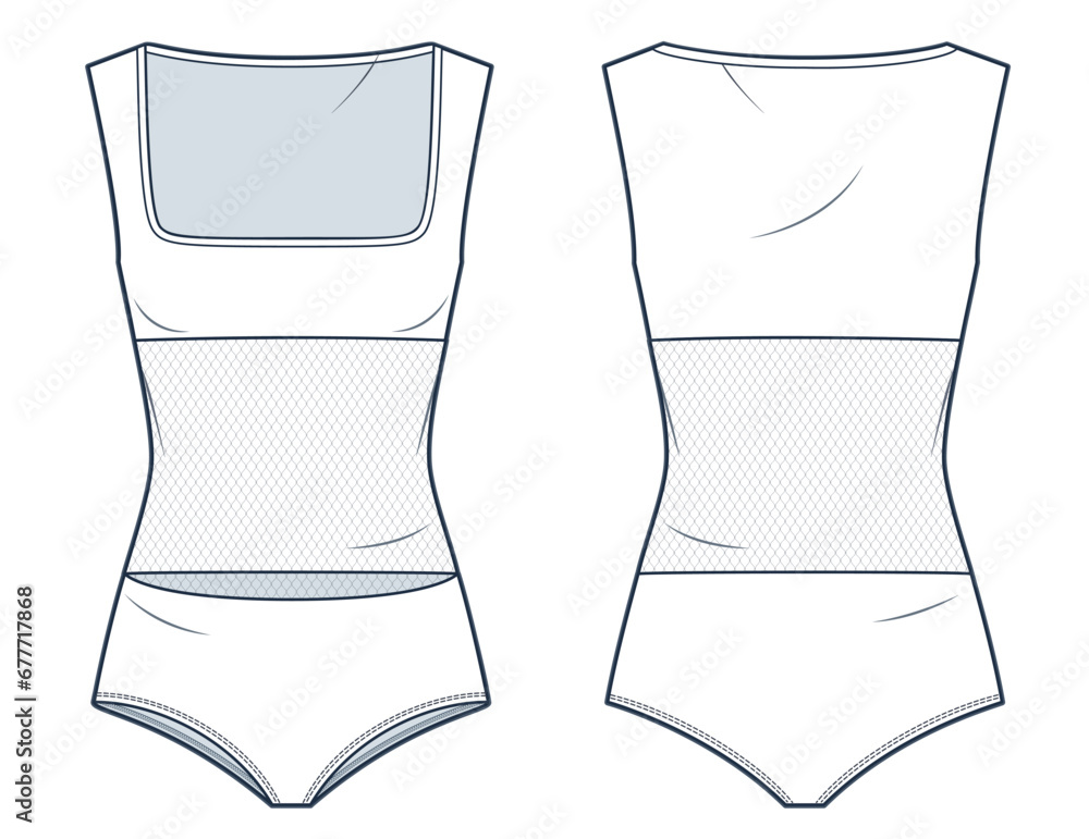 Bodysuit with Mesh technical fashion illustration. One Piece Swimsuit ...