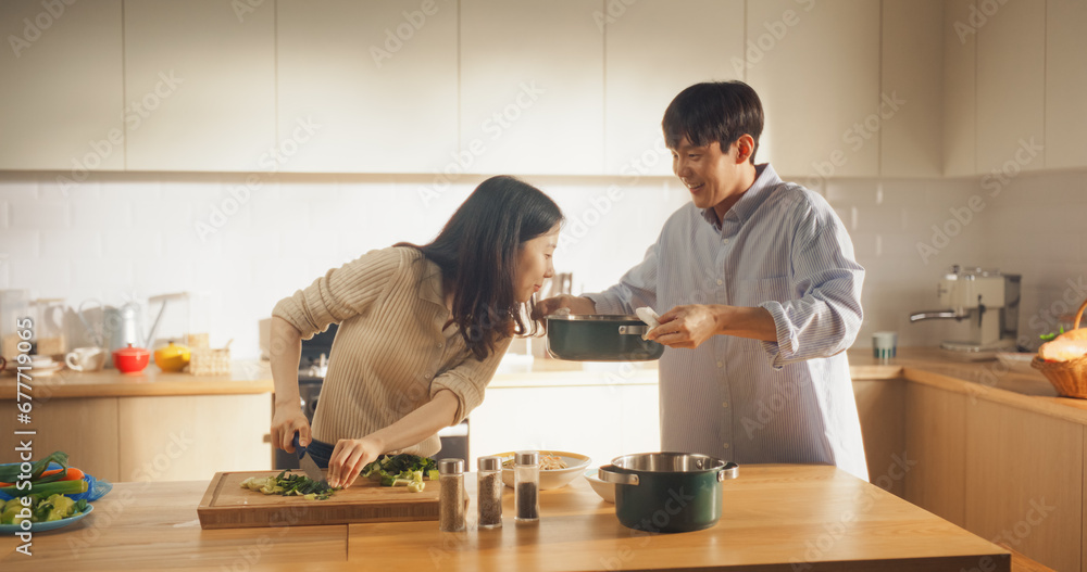 Portrait of a South Korean Young Couple Cooking at Home. Loving ...